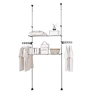 BAOYOUNI 2-Tier Adjustable Laundry Shelf Over The Toilet Washing Machine Storage Rack Tension Pole Bathroom Space Saver Organizer with Clothes Towels Hanger Hook, Black