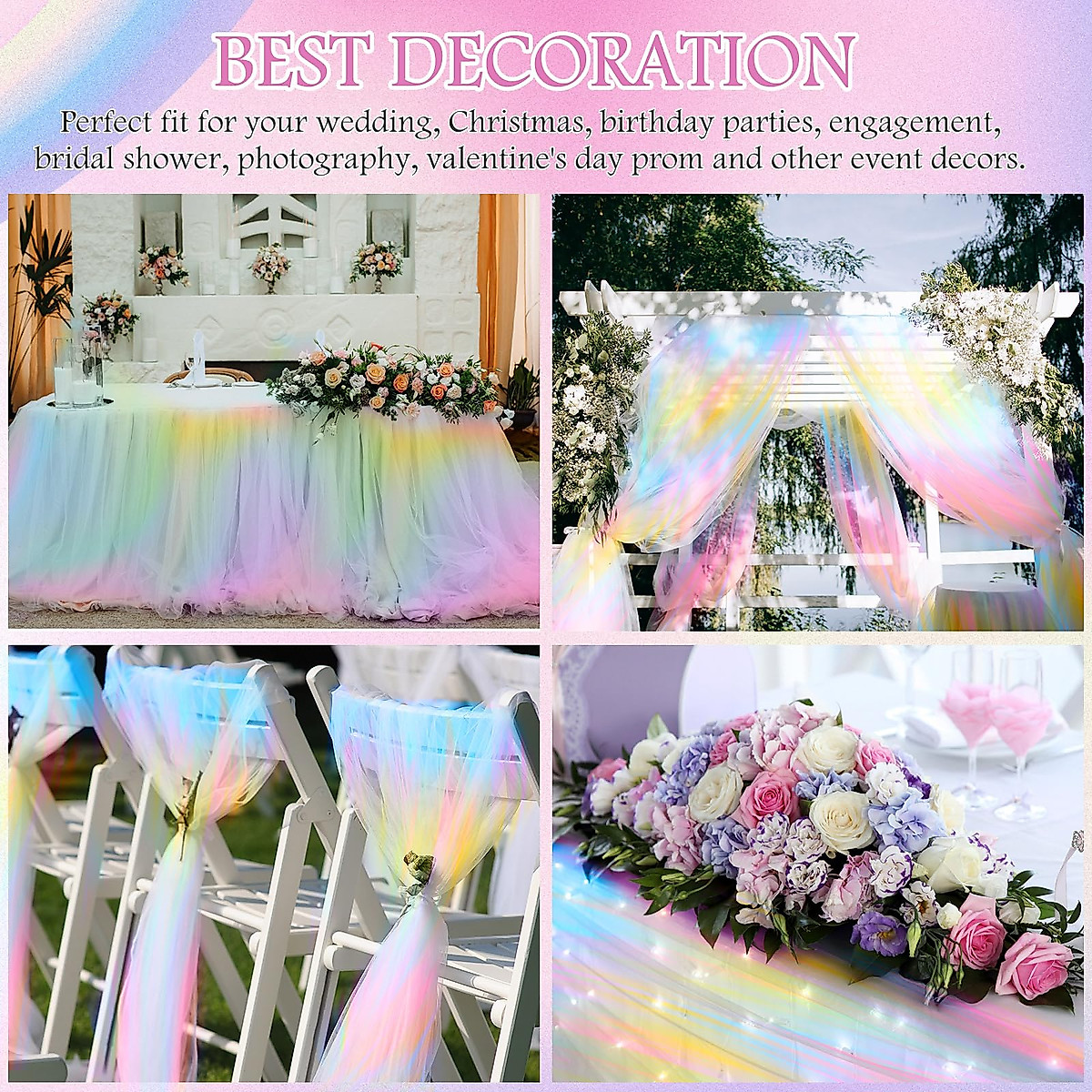 Timgle 10 Yards Rainbow Glitter Tulle 54 in Tulle Fabric Pastel Tulle Mesh Iridescent Girl Fabric for Table Chair Sash Bow Tutu Skirt Sewing Crafting Gift Wrapping Wedding Party Backdrop,30 Ft