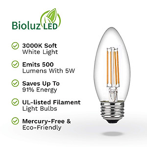Bioluz LED 93 CRI Medium Base Candelabra Dimmable Filament Clear 60 Watt LED Bulbs (Uses only 5 watts) E26 Base C37 LED Filament Candle Bulbs Title 20 6-Pack