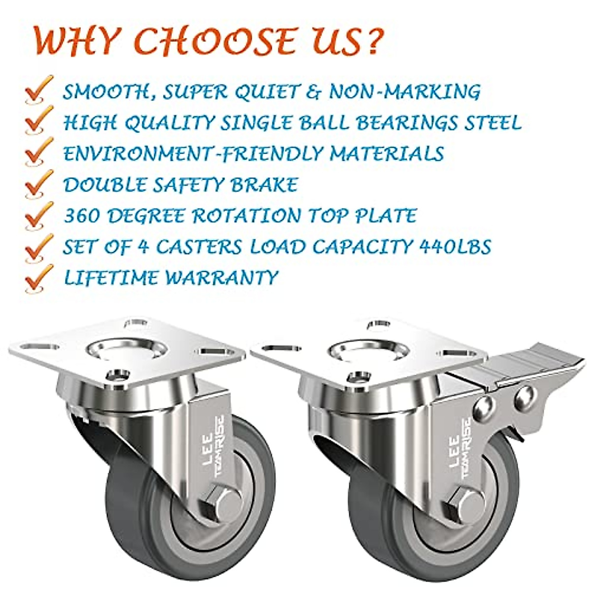 2" Caster Wheels Set of 4 Heavy Duty Plate Casters with Brake 2 inch Dual Locking Castors and No Noise TPR Rubber Wheel No Floor Marks Silent Castor Swivel for Furniture 4 Pack up 440Lbs, Free Screws