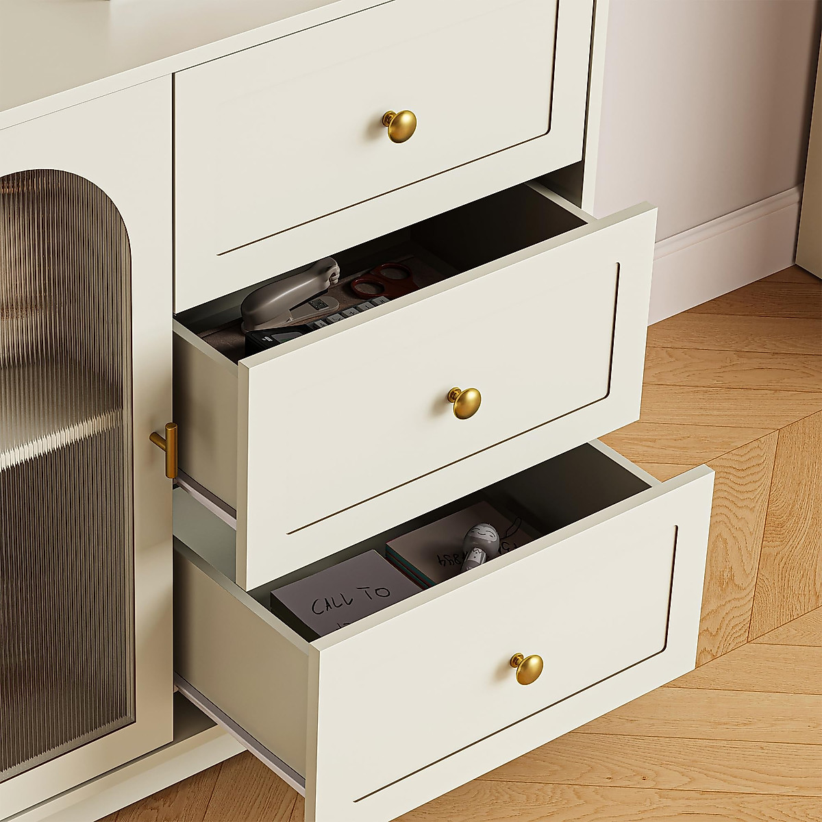 RoyalCraft Makeup Vanity Desk, Extendable Corner Vanity Makeup Table with 3 Drawers & 1 Door, Modern Dressing Table for Bedroom, Cream White Makeup Vanity Without Mirror