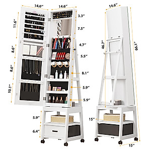 Alkmaar 360° Swivel Jewelry Armoire, Floor Standing Locking with Full Length Mirror,Bottom Drawer, Shelf, Wheels,White Cabinet with Large Storage Capacity (White push-pull)