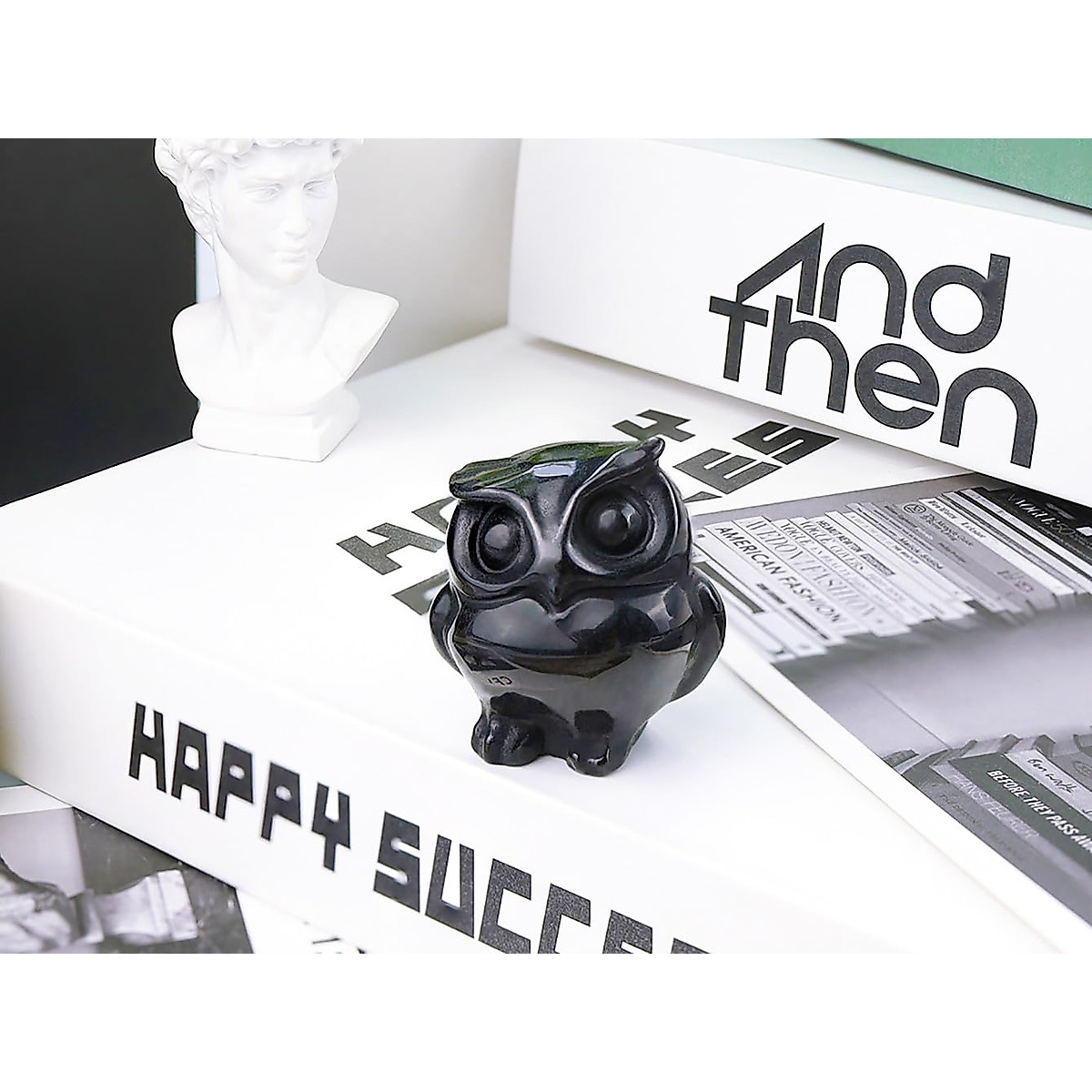 QINJIEJIE Black Obsidian Crystals Owl Figurines Natural Carved Stone Decor Polished Gemstone Statue Home Desk Gem Guardian Sculpture Room House Office Decorations Spiritual Owl Gifts for Women Men