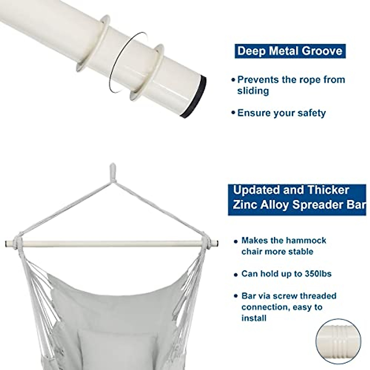 Jelofly Hammock Chair Oversized Hanging Rope Swing Seat Chair with Pocket Max 350 Lbs Superior Comfortable for Indoor Outdoor Home Bedroom Garden, Seat Cushions Not Included (Light Grey)