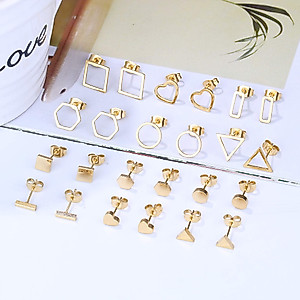 JOERICA Gold Tone Geometric Minimalist Stud Earrings for Women Simple Rhombus Hexagon Triangle Bar Heart Circle Earrings Set