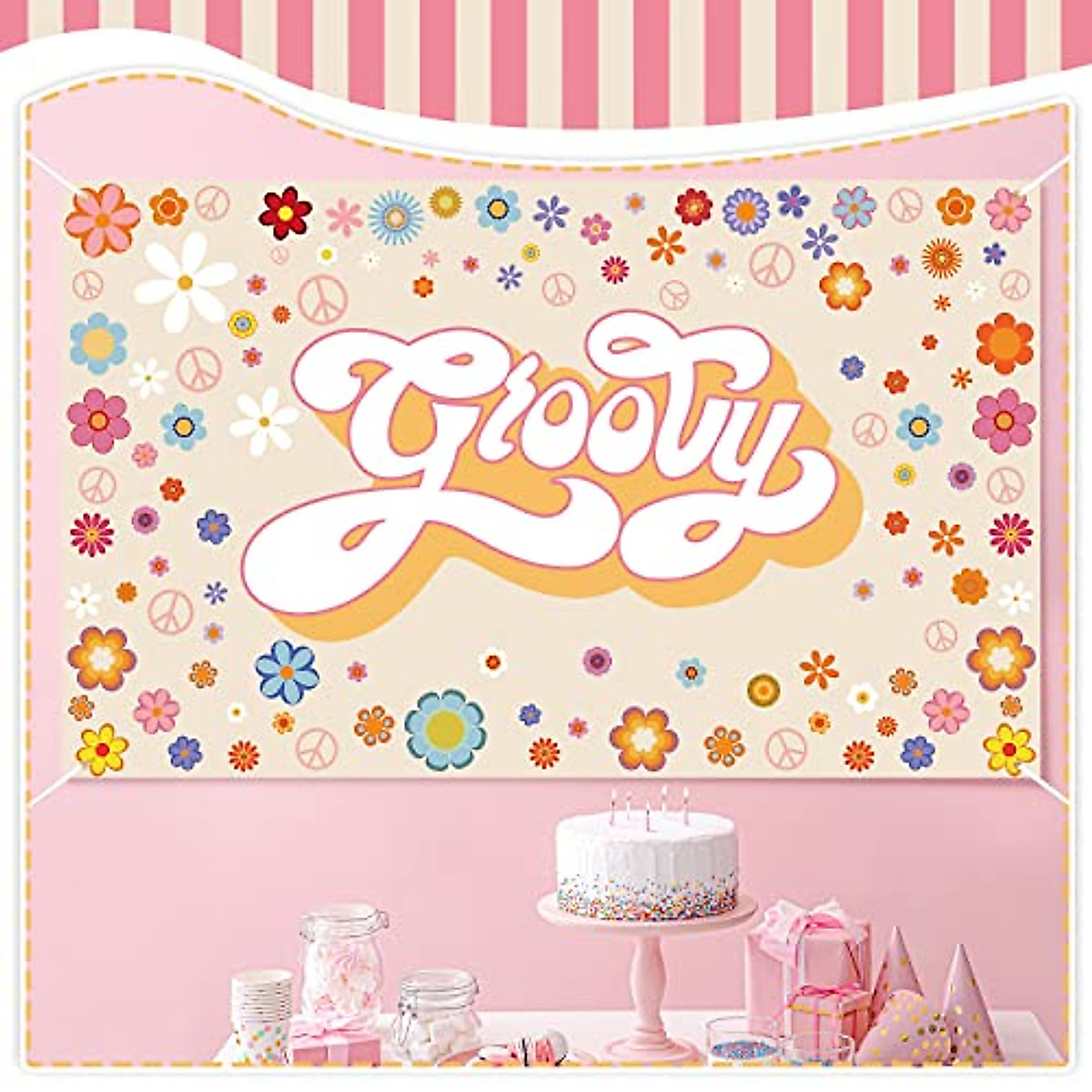 Groovy Party Backdrop Banner Hippie Birthday Two Groovy Party Decoration Daisy Flower Boho Party Photography Backdrop Groovy Party Supplies for Baby Shower, 70.8 x 43.3 Inch(Groovy Pattern)
