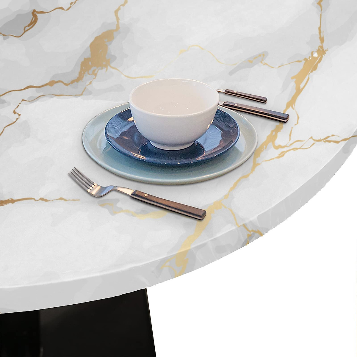 AUUXVA Marble Round Tablecloth with Elastic Edge,White Gold Marble Fitted Table Cloth Waterproof Wipeable Round Table Cover for Dining Kitchen Party Indoor Outdoor Patio Table 45"-56" Diameter
