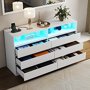 Gyfimoie Dresser for Bedroom with Full Length Mirror 48"x16", White Storage Dresser with Power Outlet, 6 Drawer Dresser with LED Light, Modern Dressers with Charging Station(White)