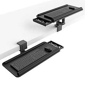 Tilt&Height Adjustable Keyboard Tray Under Desk or Above Desk - Klearlook 2 in 1 PU Leather Clamp-on Rotating Keyboard Platform w/Wrist Rest&Drawer(Under Desk,Upon Desk),25x11"Sit Stand Keyboard Riser