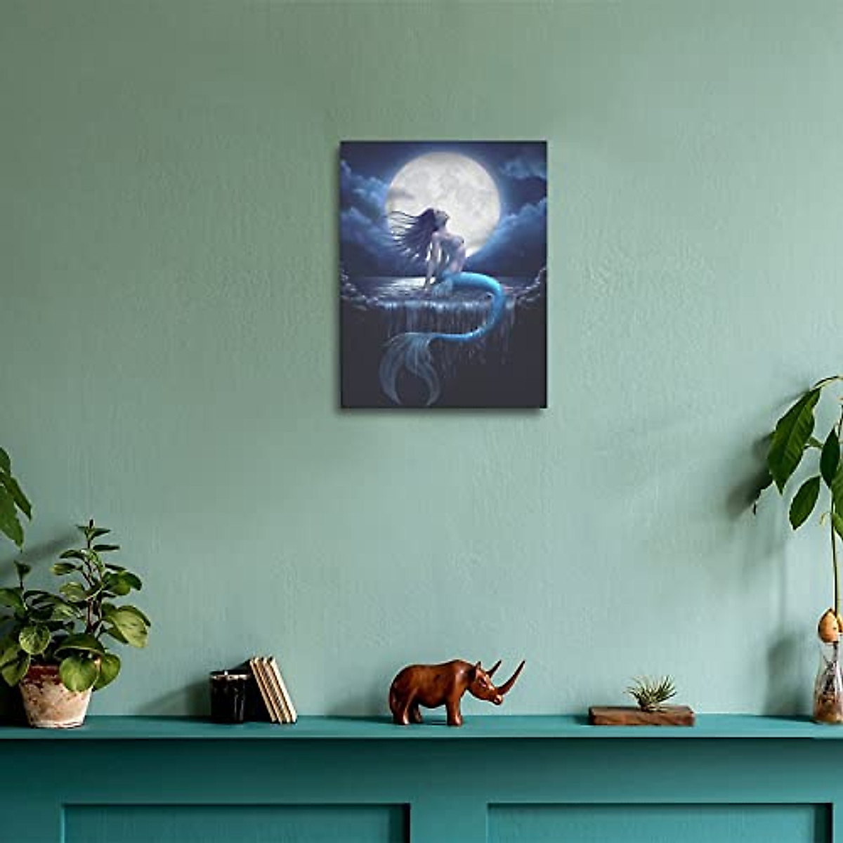 Mermaid Wall Art Moon Canvas Paintings with Framed Beach Picture Sea Artwork Prints Home Decor Hang for Bathroom Living Room Bedroom Kitchen 12x16 Inch
