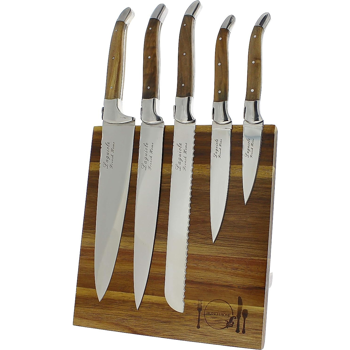 French Home Laguiole Connoisseur Olivewood 5 Piece Kitchen Knife Set plus Magnetic Display.