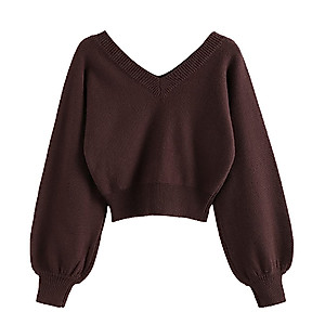ZAFUL Women's Cropped Sweater V-Neck Long Sleeve Crop Sweater Pullover Jumper Knit Top (1-Deep Coffee, S)