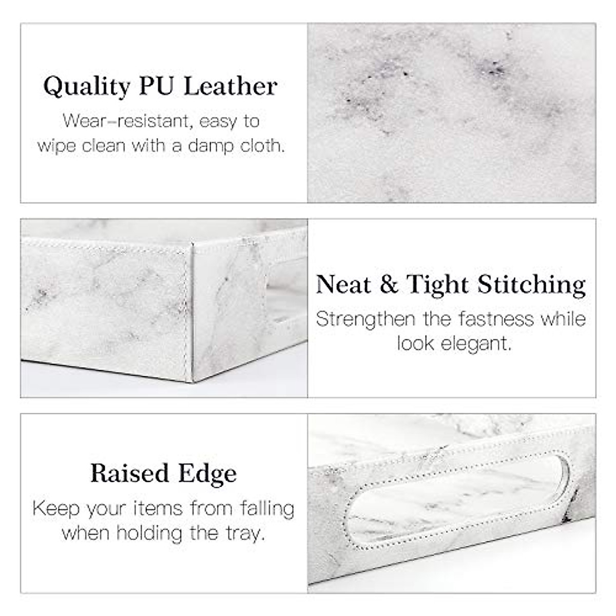 Lewondr Serving Tray with Wide Handles, PU Leather Ottoman Cofee Table Serving Tray, 14.96"x9.45"x1.97" Decorative Tray for Perfume Cosmetic Jewelry Key, Countertop Storage Organizer - Marble White