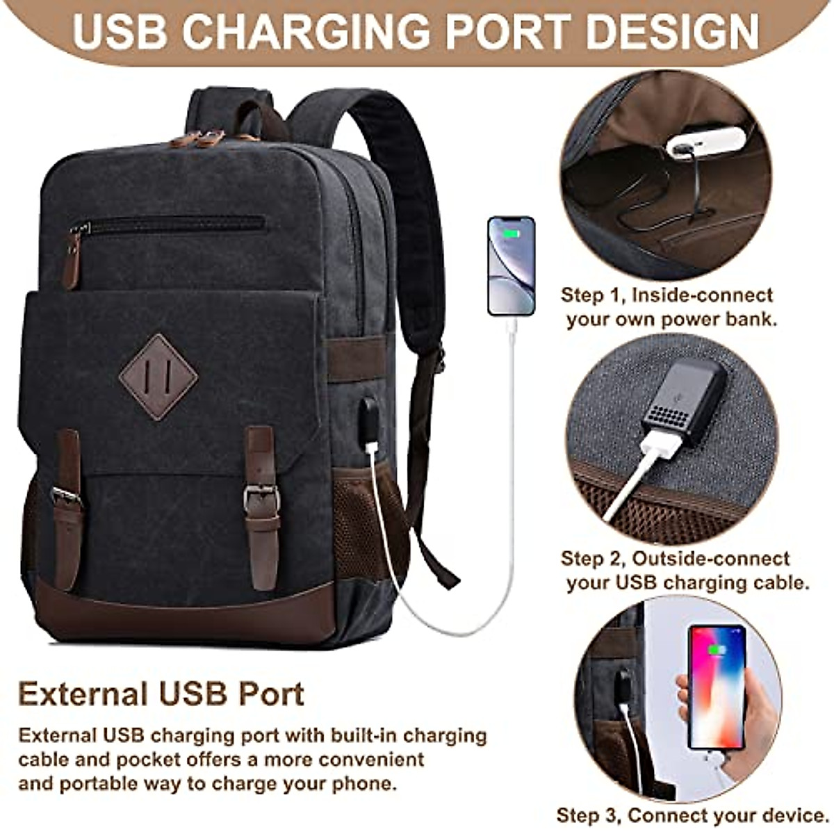 Canvas Vintage Laptop Backpack for Women Men, College Computer Bookbag Fits 17.3 Inch Laptop (Black)