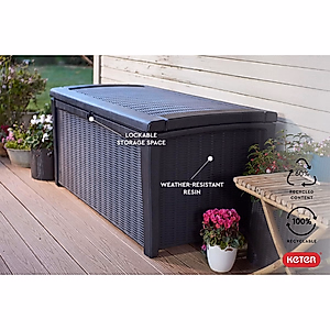 Keter Borneo 416L Storage Box, All-Weather Wicker Rattan-Style Resin Deck Box and Stylish Outdoor Bench with Piston-Assisted Lockable Lid, Light Grey