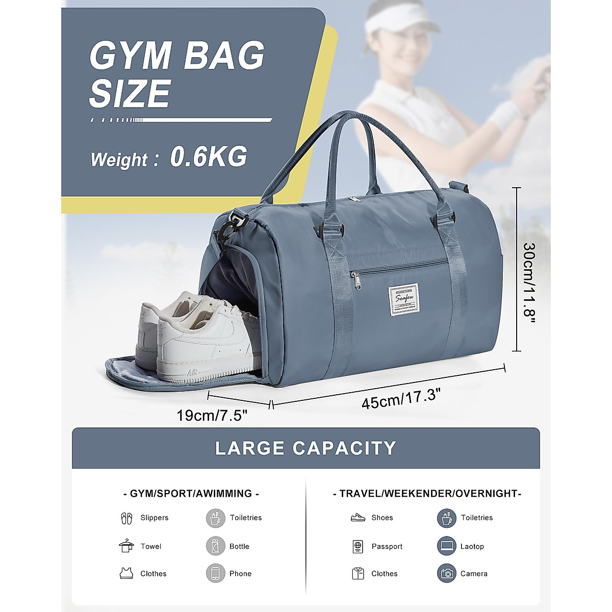 Gym Bag Womens Mens with Shoes Compartment and Wet Pocket Travel Duffel Bags for Women for Plane Sport Gym Tote Bag with Toiletry Bags Waterproof Weekend Overnight Carry on Bag Hospital Holdalls