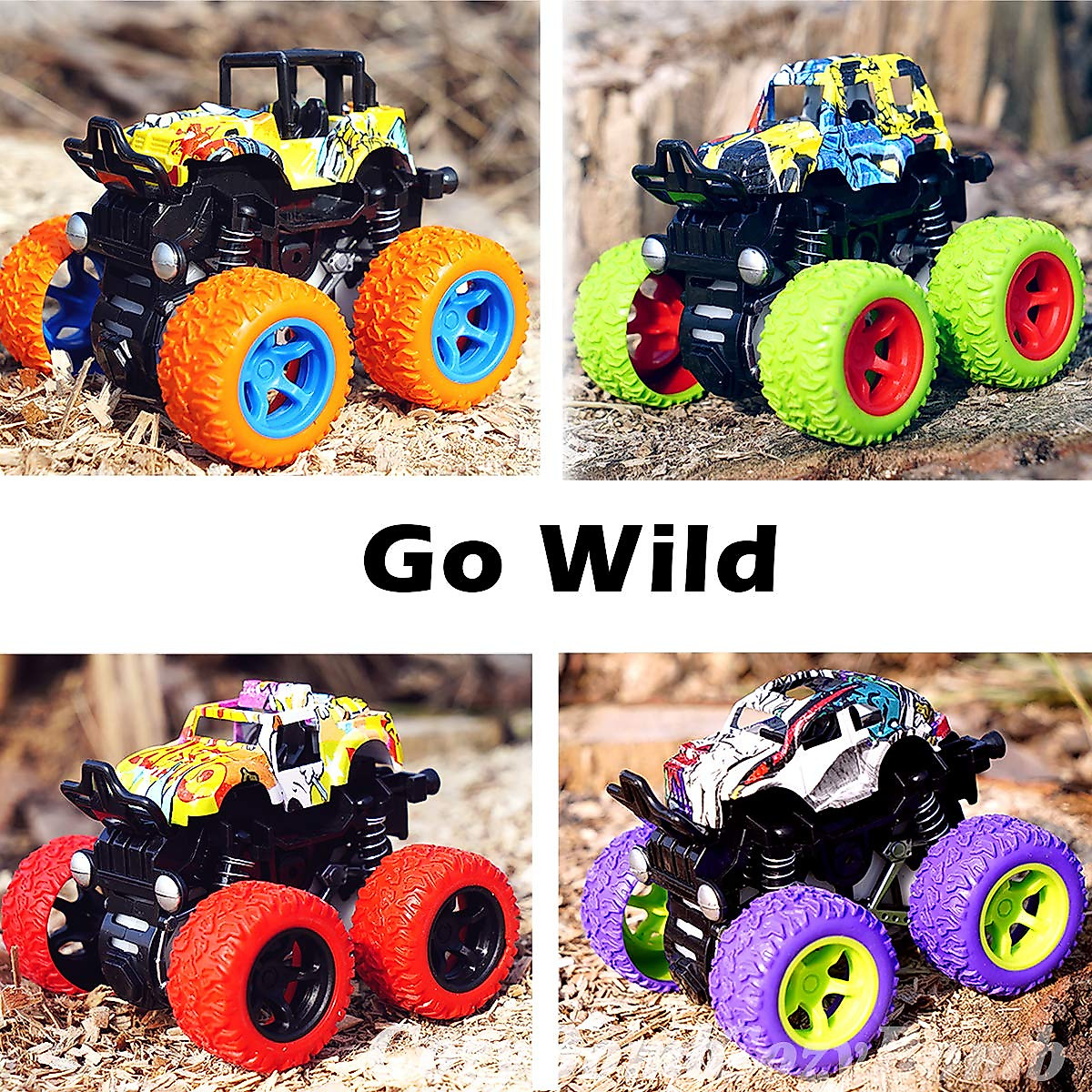 CozyBomB Friction Powered Monster Trucks Toys for Boys/Girls - Push and Go Car Truck Playset, Inertia Vehicle, Kids Birthday Christmas Party Supplies Gift 3 Years Old (Purple, Red, Orange, Green)