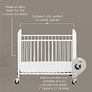 Foundations Stowaway Metal Folding Crib, Portable Baby Crib with Foam Mattress and Commercial Grade 3" Casters, Compact Traveling Crib (White Steel)