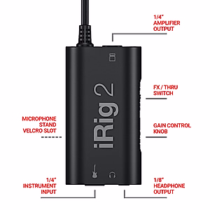 IK Multimedia iRig 2 portable guitar audio interface, lightweight audio adapter for iPhone and iPad with instrument input and headphone/amplfiier outs