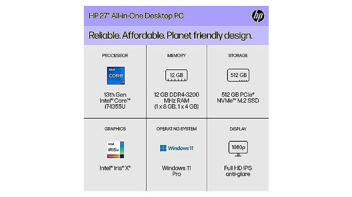 HP 27 Inch All-in-One Desktop PC with Intel Core i7 - 13th Gen, FHD Display