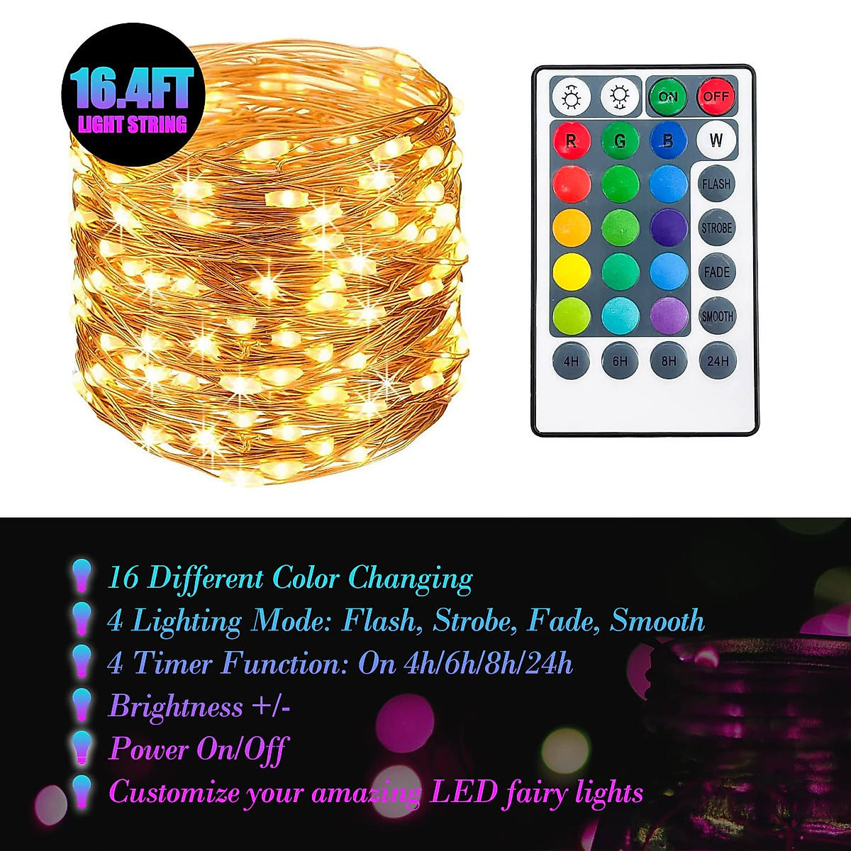 Sutekus Outdoor Fairy Lights with Remote and Timer, 16 Color Changing Waterproof LED Lights, Christmas Fairy String Lights Battery Operated for Party, Wedding, Dorm, Garden (16.4FT 50LED)