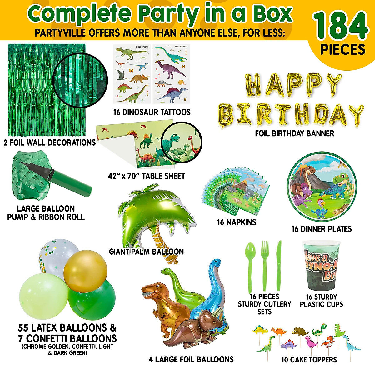 Partyville Dinosaur Party Decorations - Dinosaur Birthday Party Supplies Kit (SERVES 16) With Plates Cups Napkins Banner Cutlery BALLOON PUMP Tablecloth AND MUCH MORE