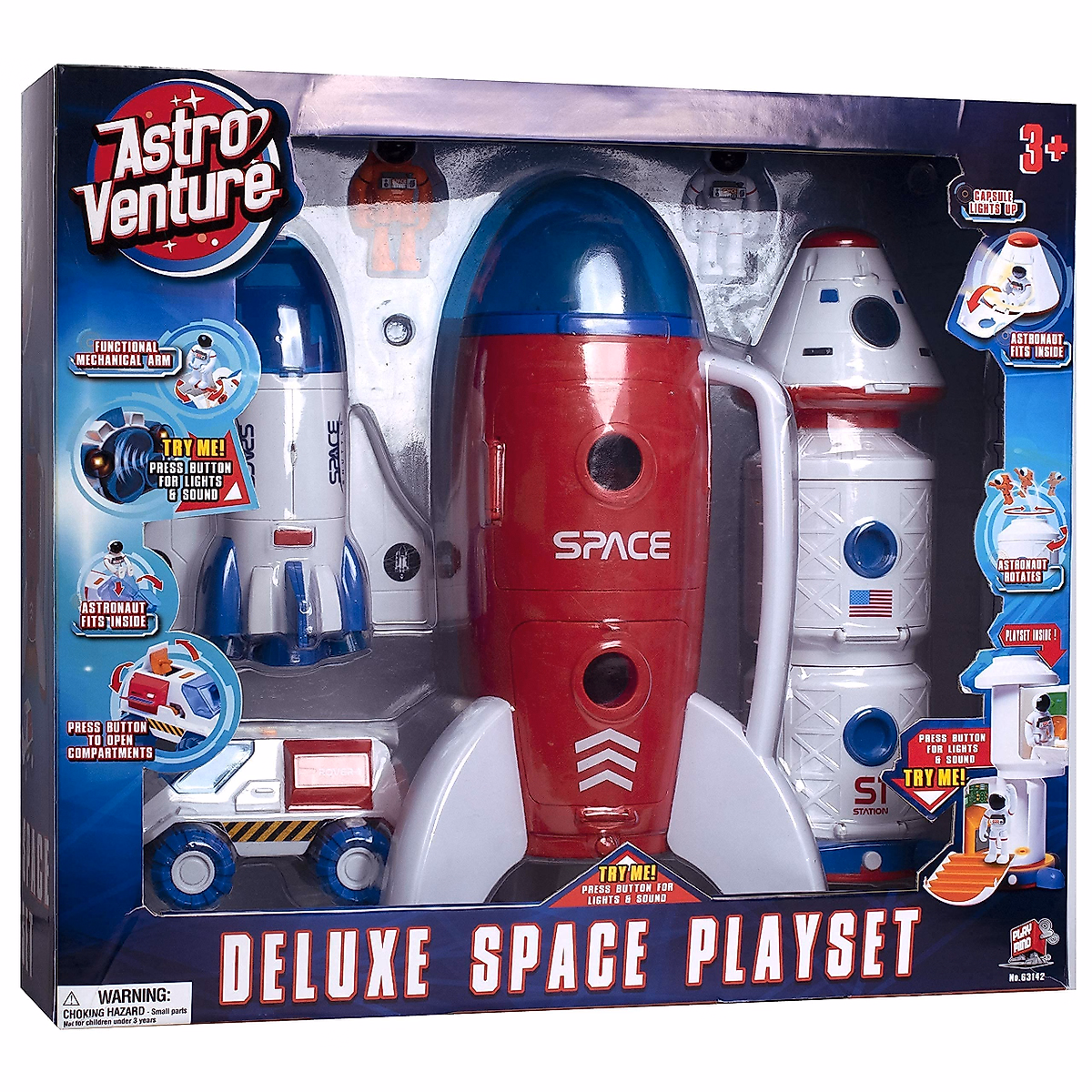ASTRO VENTURE Deluxe Space Playset Toy - Space Shuttle, Space Station & Capsule, Space Rover & Rocket w/Lights and Sound - Space Toys for Boys and Girls