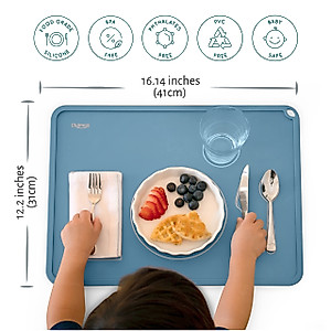 CHAMOS Montessori Placemat for Toddlers - Kids Silicone Mats for Dining Table - Set of 2 - Table Setting Learning (Blue and Grey)