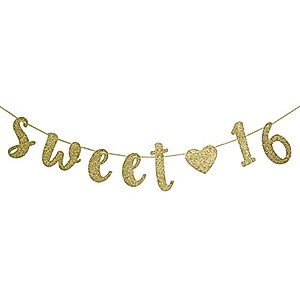 Sweet 16 Birthday Banner Glitter Sixteen Decoration 16th Birthday Pre-Strung Party Decor Supplies Cursive Bunting Photo Booth Props Sign Gold