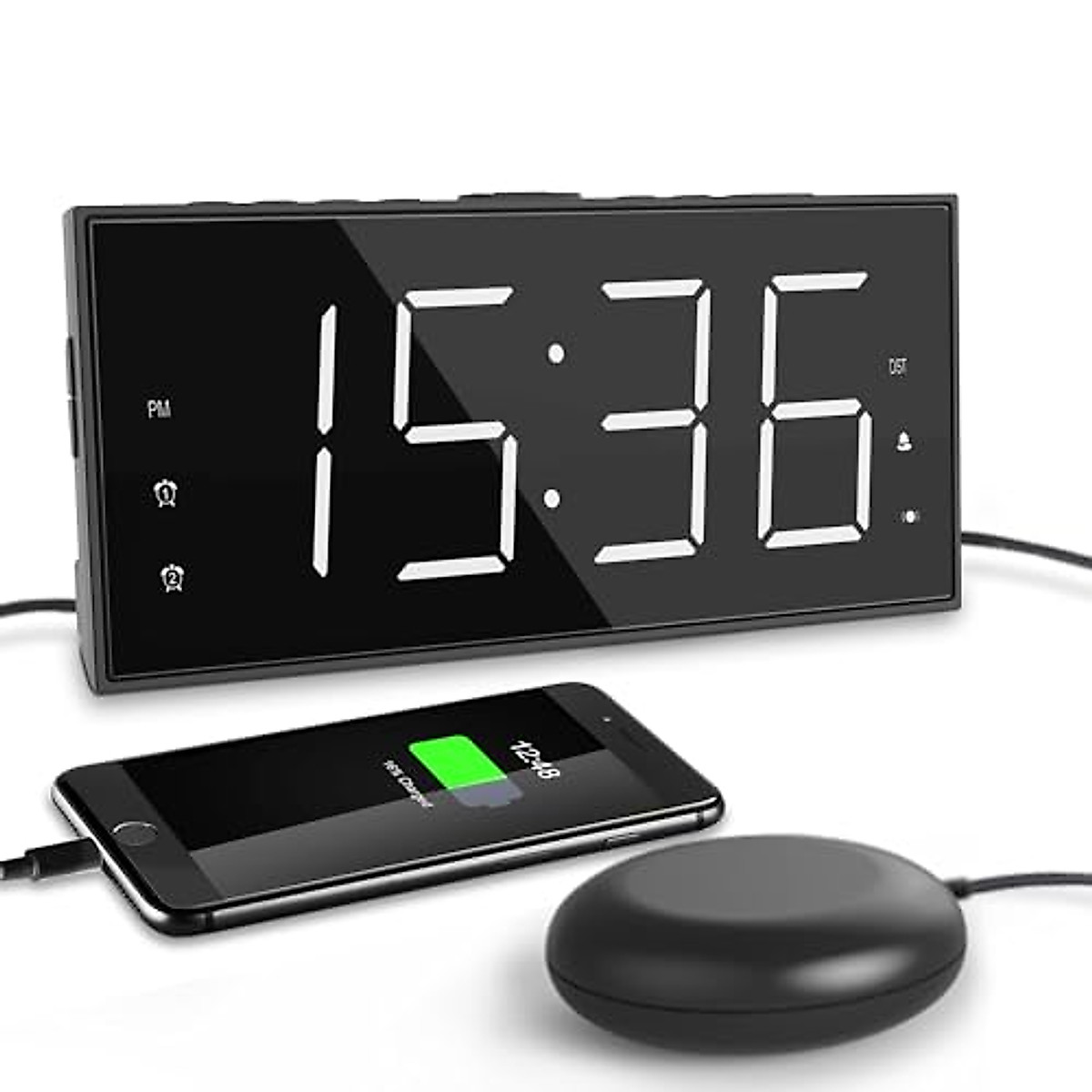 Super Loud Alarm Clock for Heavy Sleepers, Vibrating Alarm Clock for Hearing Impaired Deaf, Teens, Dual Alarm Clock with Bed shaker, Large Display Digital Clock with USB Port, Dimmer, Battery Backup