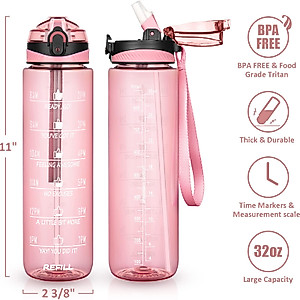 Fimibuke 32 oz Water Bottle with Sleeve - BPA Free Leakproof Sport Large 1L Plastic Motivational Water Bottle with Straw & Strap & Insulated Neoprene Holder Carrier Bag for Women Men(A2.Baby Pink)