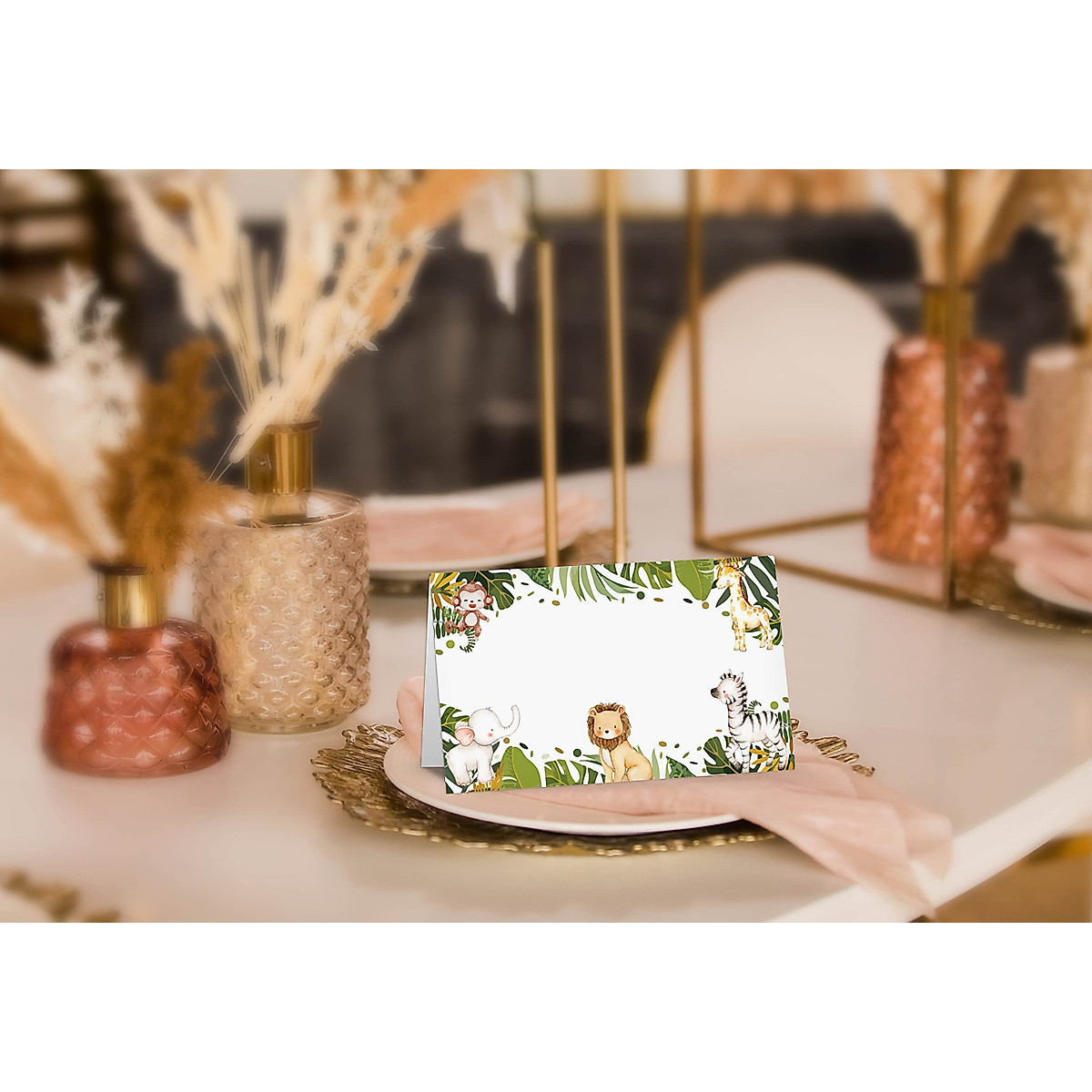 Table Place Card, Jungle Safari Animals Themed Tent Style Cards, Pack of 25 Half-Fold Reception Place Card, Wild Animal Food Labels, Perfect for Baby Shower, Birthday Party C04