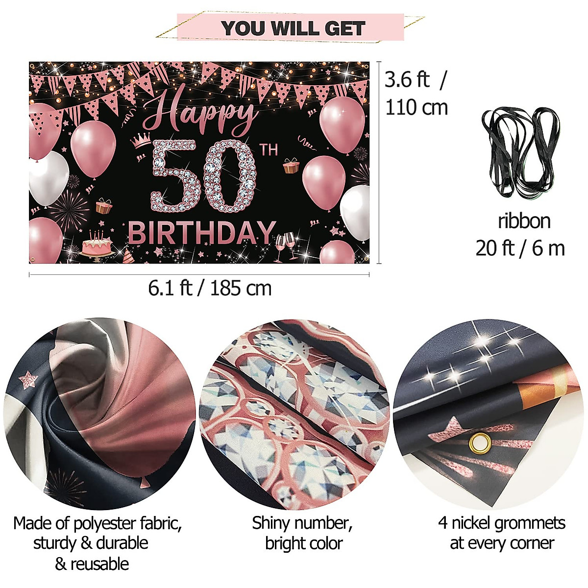 50th Birthday Decorations Backdrop Banner for Women, Happy 50th Birthday Decorations Women, Rose Gold 50 Years Old Birthday Photo Props, Fifty Birthday Party Poster Backdrop Fabric 6.1ft x 3.6ft PHXEY