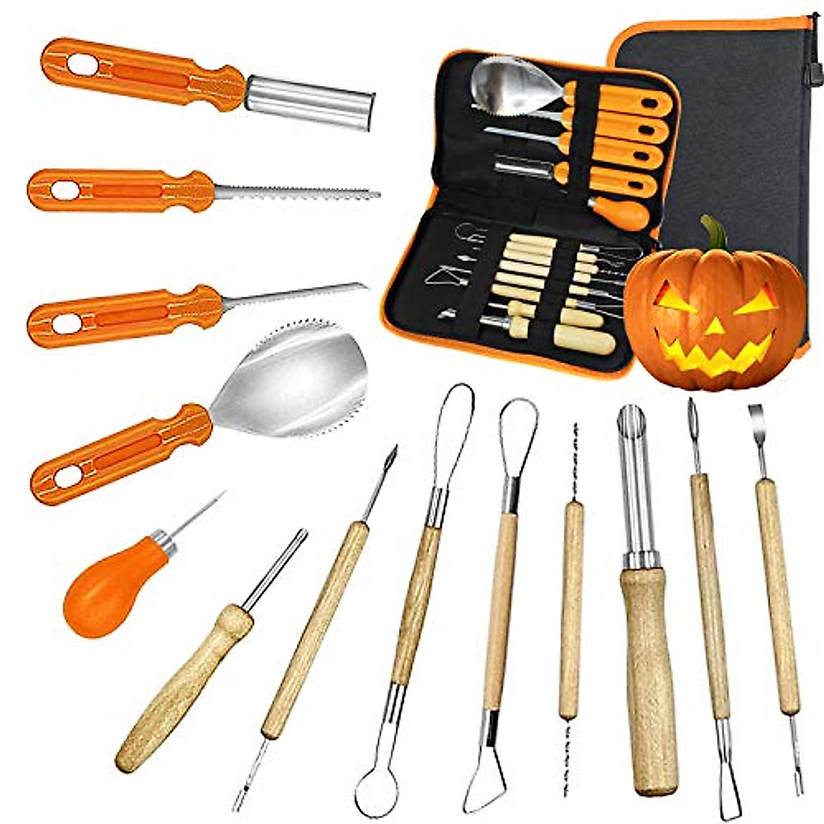 Halloween Pumpkin Carving Kit, Halloween Jack-O-Lanterns 13 Piece Professional pumpkin cutting supplies tools Kit with 6 Pumpkin LED Candles, Pumpkin Carving Kit for Kids and Adult