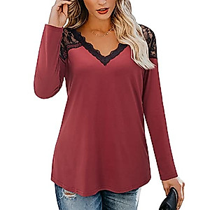 LAISHEN Women's V Neck Crochet Lace Trim Long Sleeve Casual Loose Blouses Tunic Tops(Red,M)