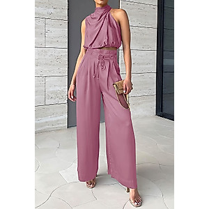 PRETTYGARDEN Women's 2 Piece Outfits 2025 Summer Casual Sleeveless Mock Neck Crop Tops Wide Leg Pants Set (Pink,X-Large)