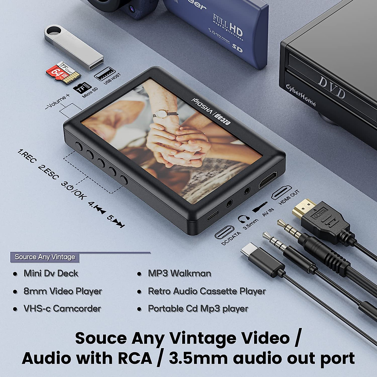 Convert Vhs to Digital Mp4 - Vinyl Cassette CD Player to Mp3 Converter - Vintage Video Audio Capture Box Adapter for Hi8 Player/8mm Tape/Vhs-c/Camcorder / Mini Dv Deck, Substitute Vhs to Dvd Machine