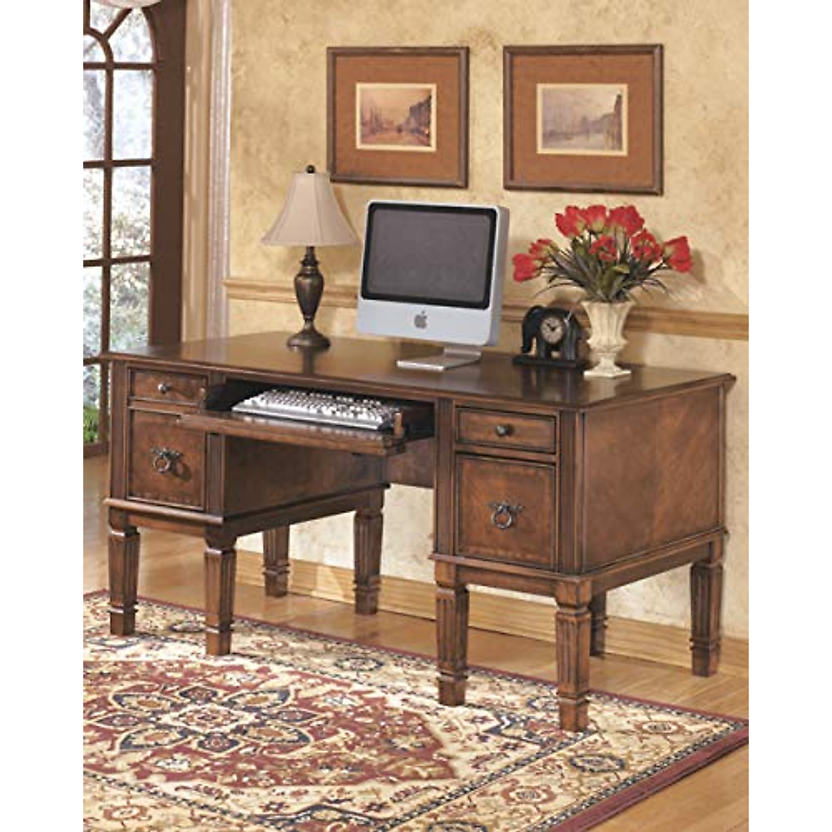 Signature Design by Ashley Hamlyn Traditional Home Office Desk with Storage and Pull Out Tray, Medium Brown