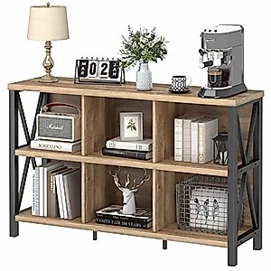 FATORRI 6 Cube Storage Organizer with Shelf, Long Wood and Metal Cubby Bookcase, Industrial Horizontal Bookshelf (Rustic Oak, 47 Inch)