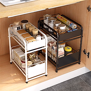 LEAYAN Under Sink Storage 2 Tier Pull Out Organizer,Under Sink Organizer,Sliding Cabinet Basket Organizer Drawer for Kitchen,Under Organizer for Countertop, White 36x28x40cm Under Sink Rack Shelf