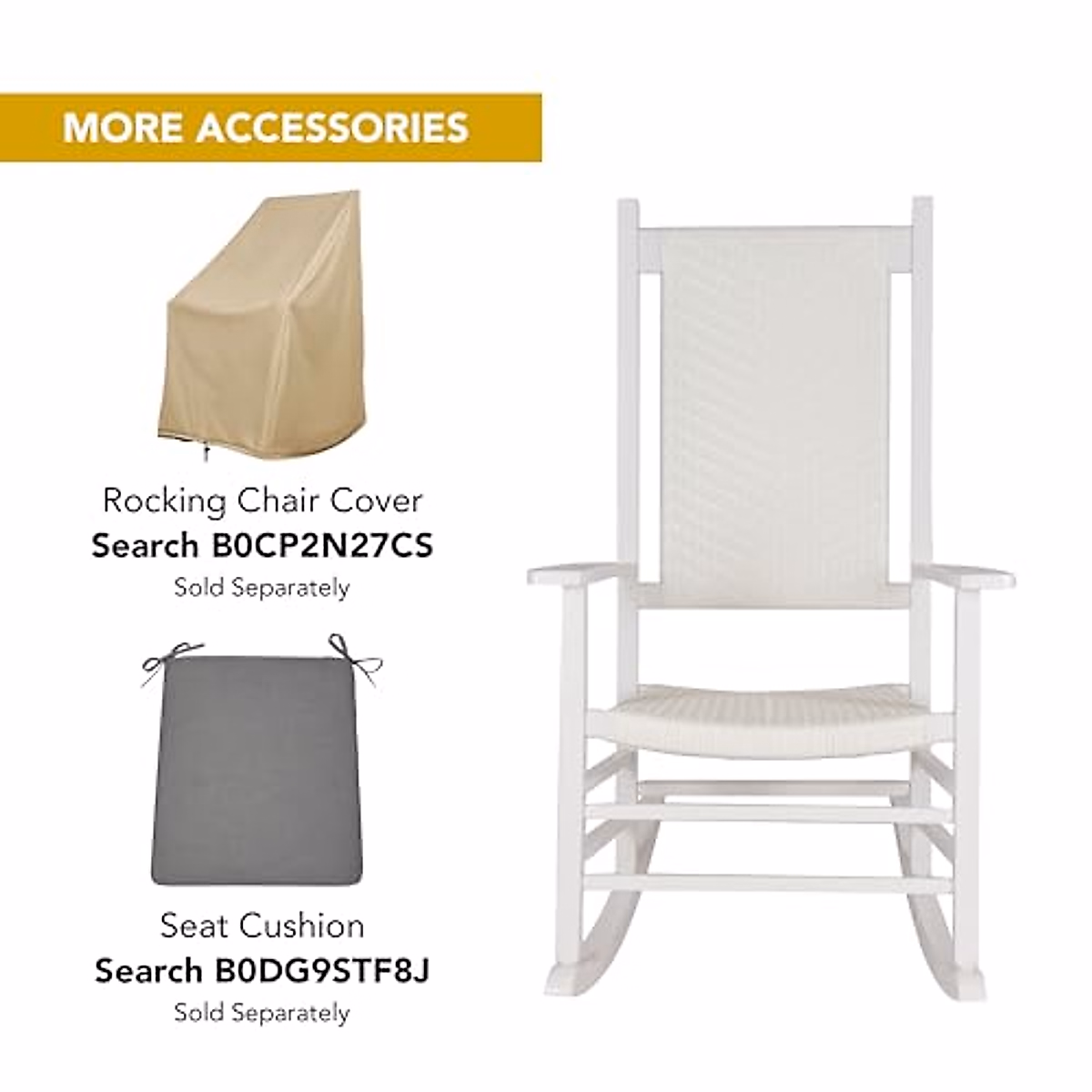 Shine Company Set of 2 Hampton Porch Rockers, High Back Wood Rocking Chairs, Rattan Backrest & Seat, 2-Pack, White