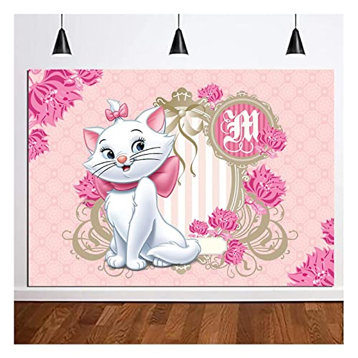 Cartoon Aristocats Marie Cat Party Theme Photography Backdrops 5x3ft Children Kids Princess Girl Birthday Party Photo Pink Flowers Backdrops Newborn Baby Shower Portrait Shoot Props
