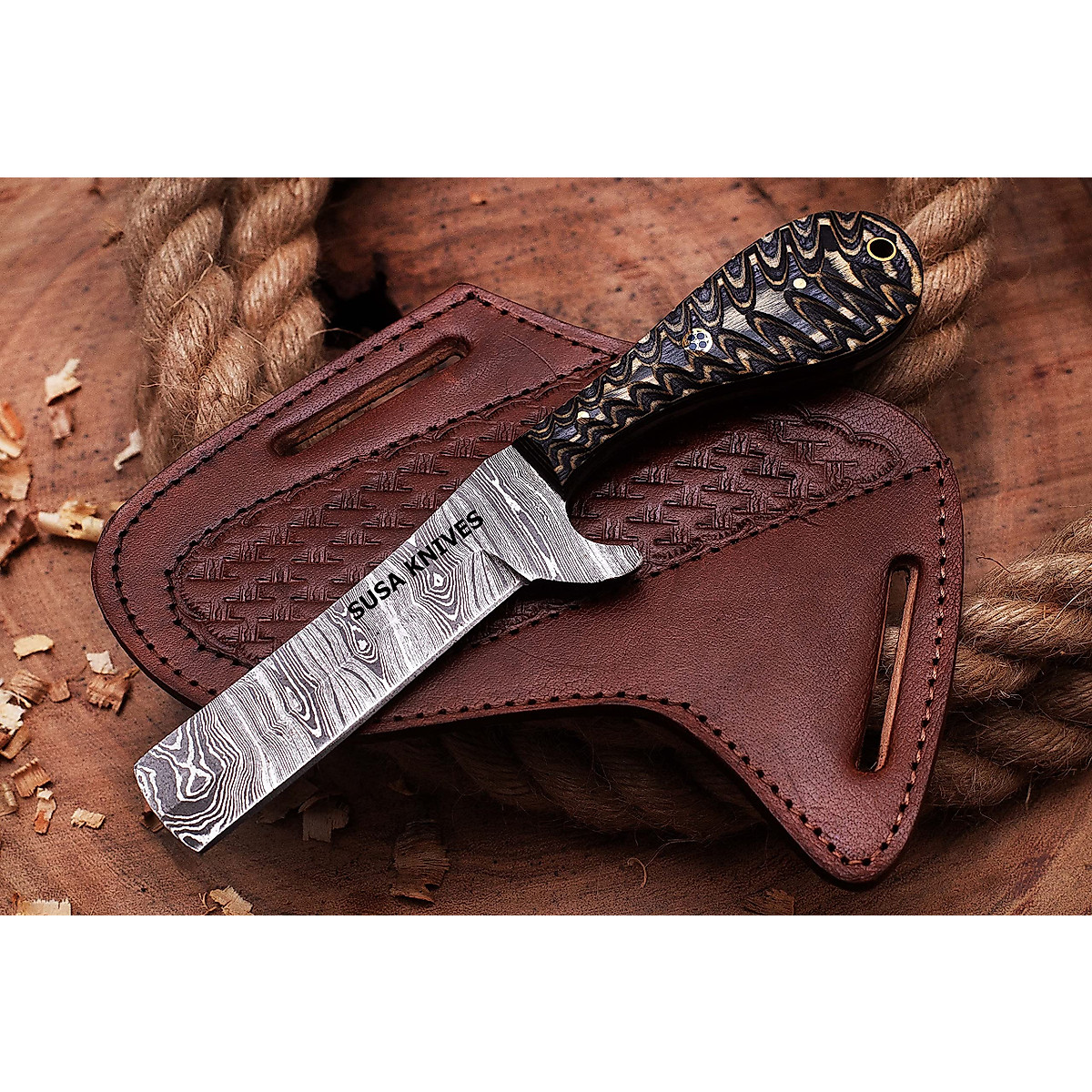 SUSA KNIVES Handmade Damascus Steel Bull Cutter Knife, Cowboy Fixed Blade knife, Wood Handle, EDC Knife PANCAKE Leather Sheath Gift For Men