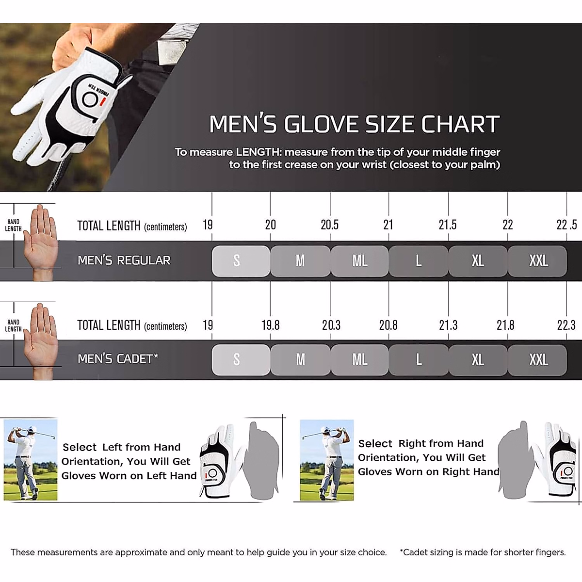FINGER TEN Golf Gloves Men Right Left Handed Golfer 3/6 Pack Mens Golf Glove Left Right Hand Soft Cabretta Leather All Weather Grip Size S M ML L XL (White-6 Pack, X-Large, Left)
