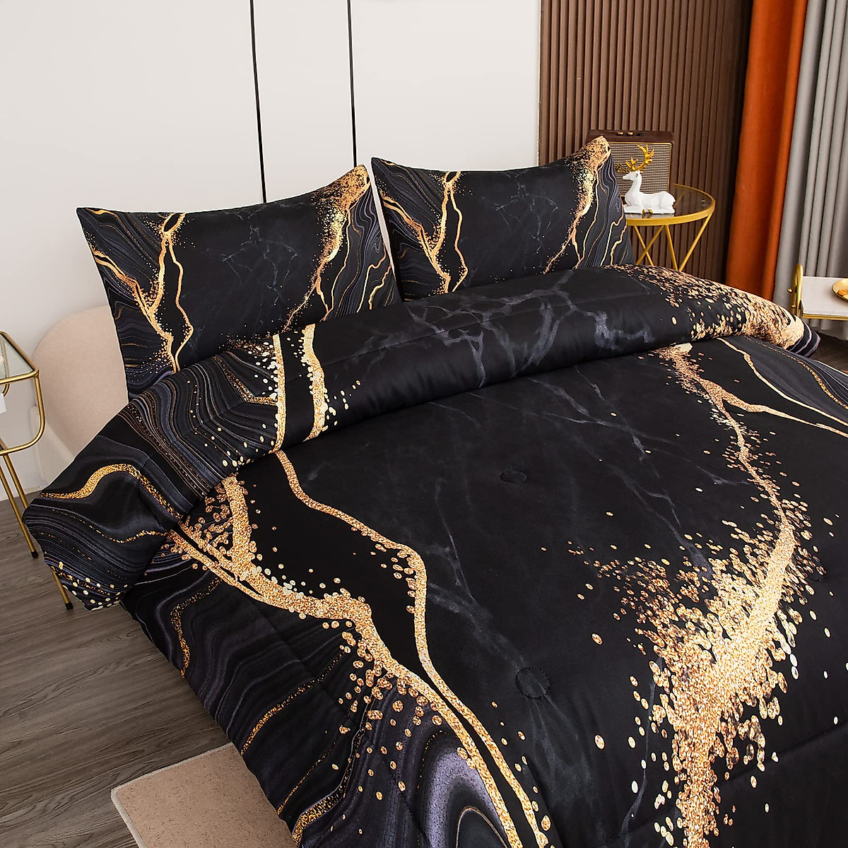 Tailor Shop Marble Bedding Set Soft Microfiber Black and Gold Comforter Set Queen Size for Kids Men and Women with 1 Marble Comforter and 2 Pillowcases…