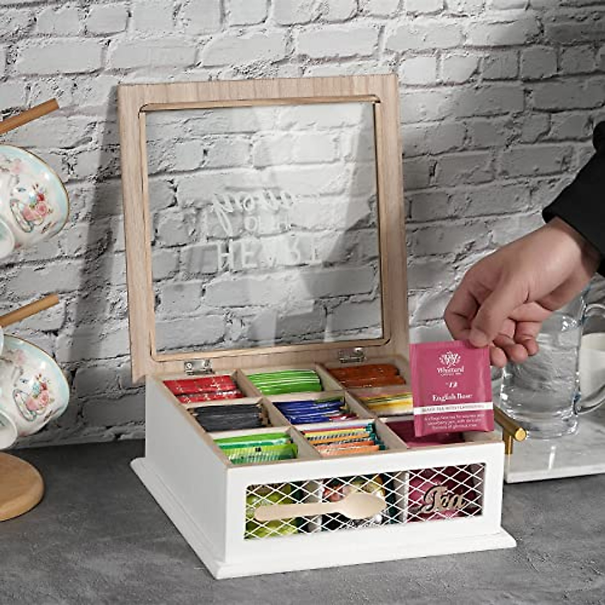 handrong Tea Box for Tea Bag Organizer Wooden Tea Bag Holder Tea Chest with 9 Compartments and Glass Cover for Home Tea Parties and Gift