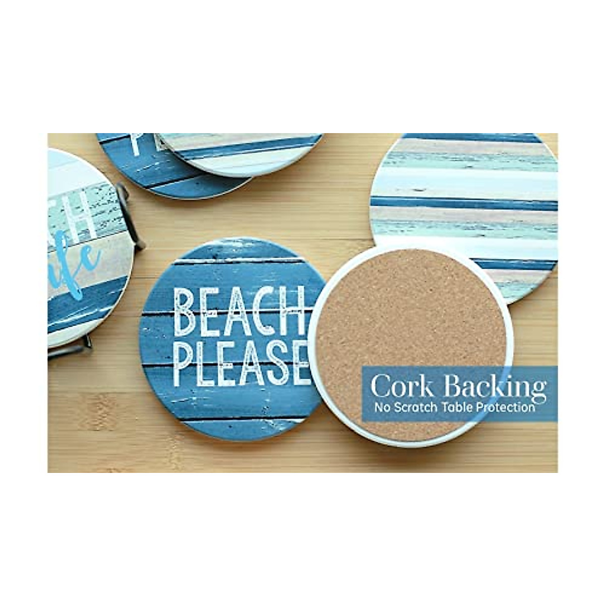 PANCHH Beach Coastal & Ocean Sea Tropical Theme Coasters for Drinks, Kitchen Decor and Gifts for Beach House and Home Beach Bars - Coasters for Wooden Table - Set of 6 with Holder, Absorbent