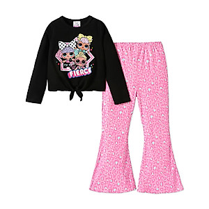 L.O.L. Surprise! Girls 2 Piece Outfits Tie Knot Long Sleeve Tee Top and Heart Pink Bell Bottom Flared Pants Set Black 8-9 Years