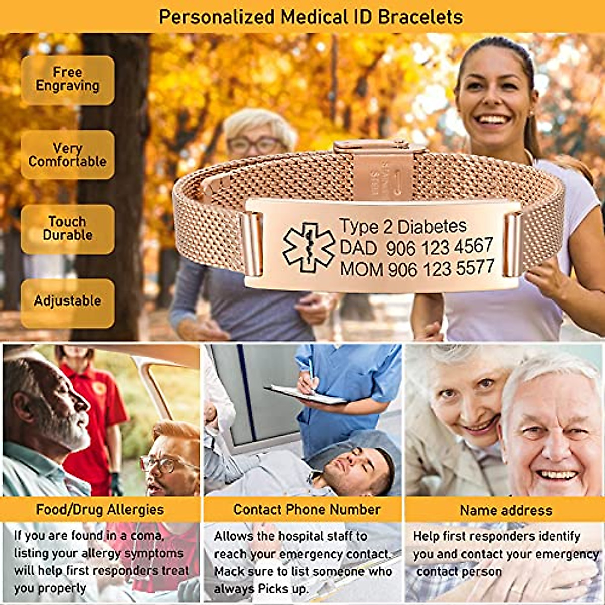 VNOX Medical Alert Bracelets for Men & Women with Free Engraving Adjustable Stainless Steel Mesh Emergency Medical ID Bracelets Wristband,Rose Gold