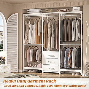 Aheaplus Garment Rack Heavy Duty Clothes Rack for Hanging Clothes,Clothing Rack with Drawers, Wood Stoarge Shelf Freestanding Closet Wardrobe Rack, Corner L Shaped Closet System Organizers, W3,White